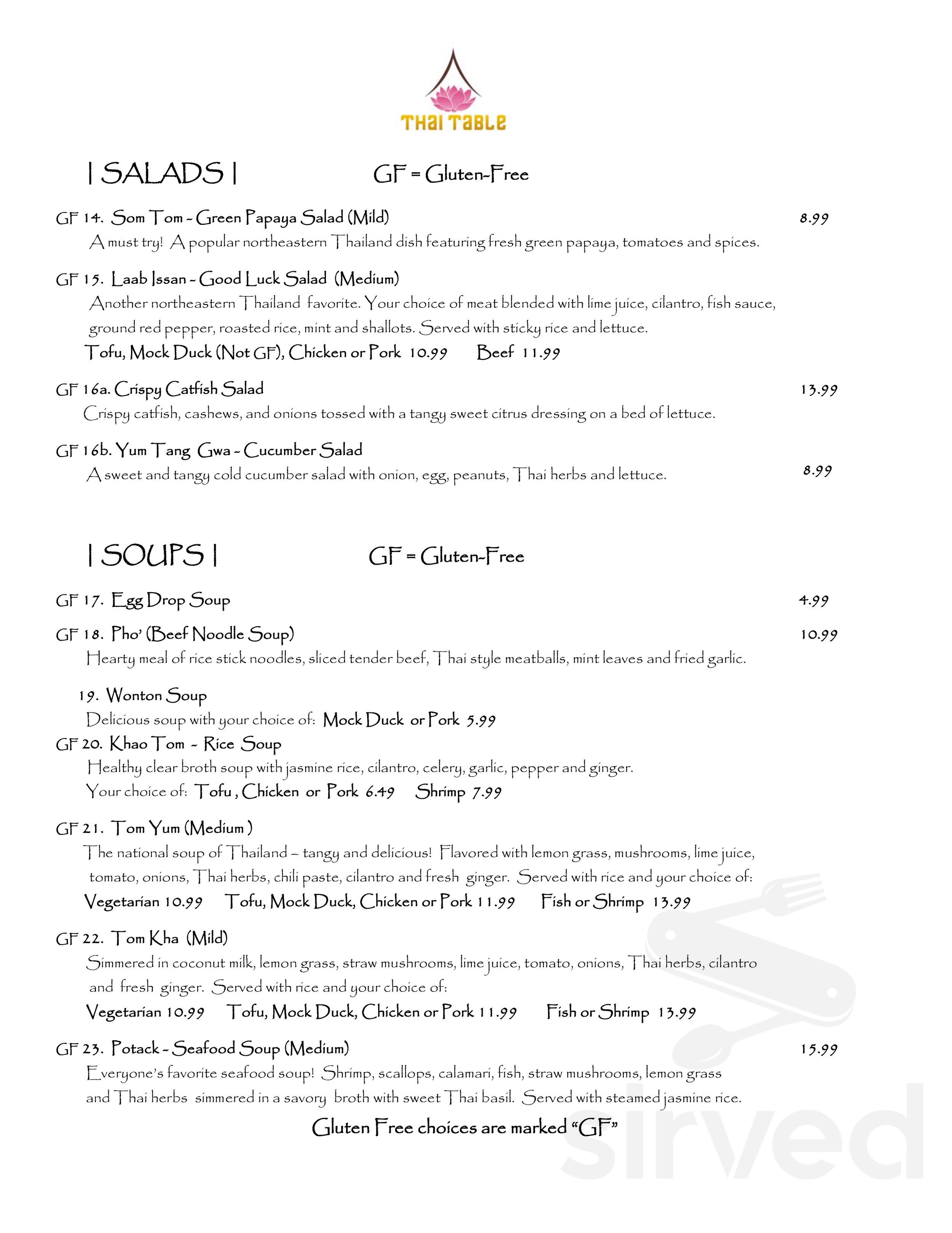 Thai Table Restaurant menu in Plymouth, Minnesota, USA