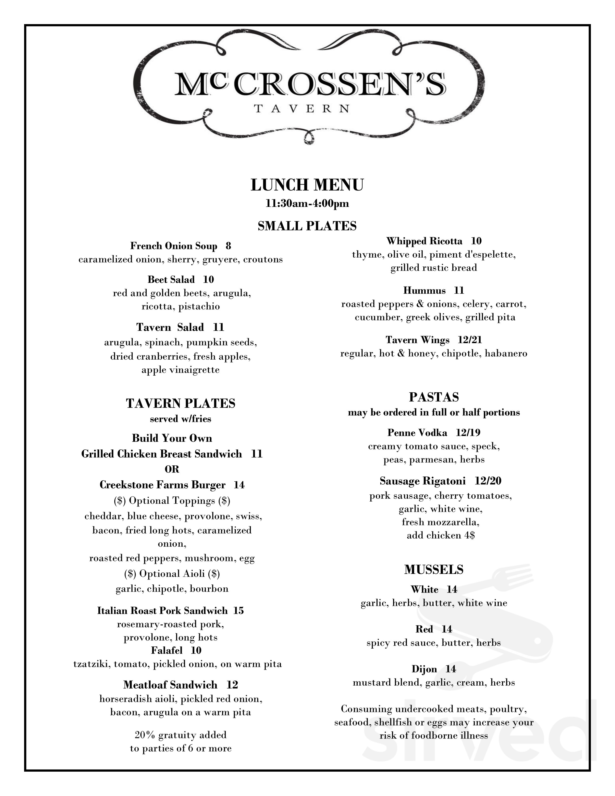 McCrossen's Tavern menu in Philadelphia, Pennsylvania, USA