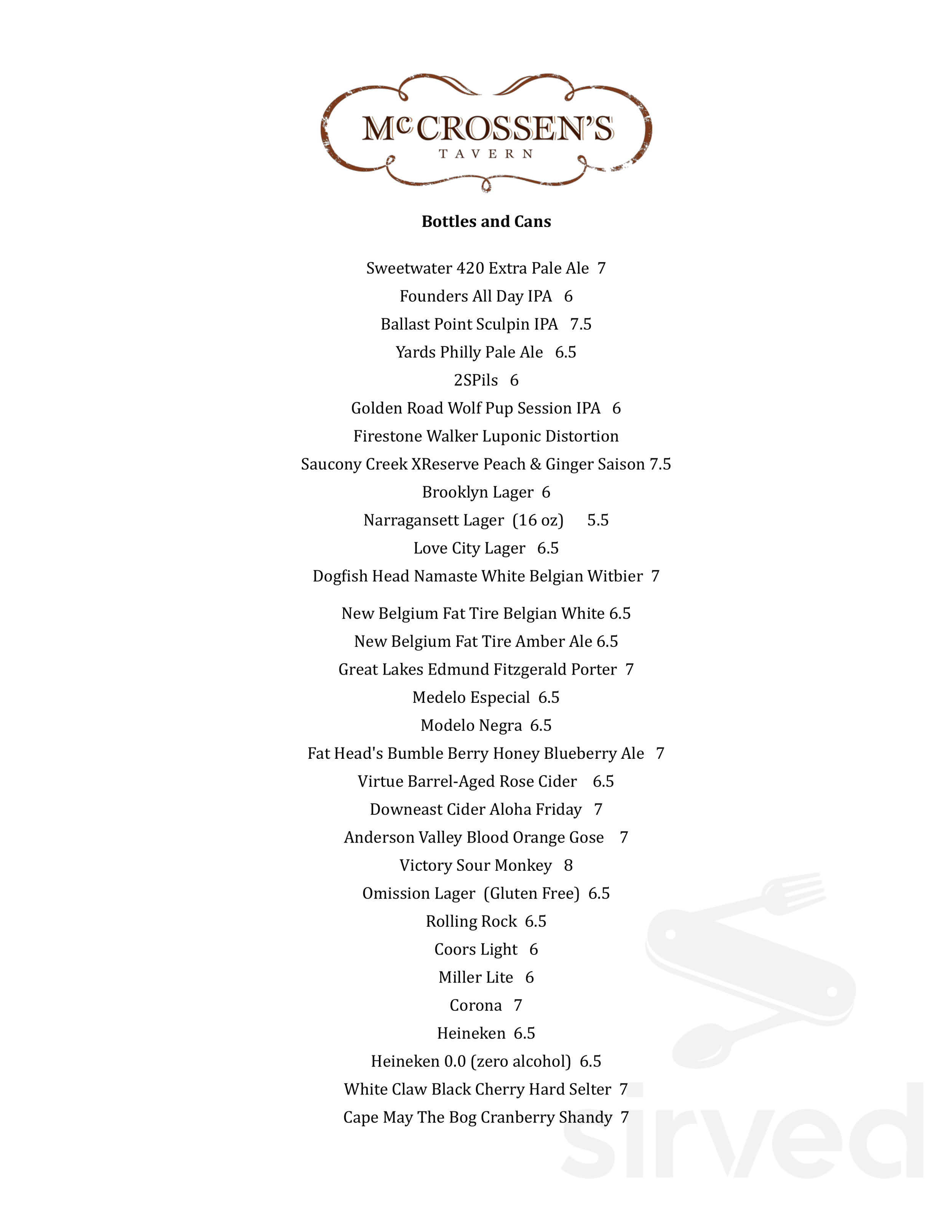Menu - Philadelphia PA's McCrossen's Tavern | Sirved