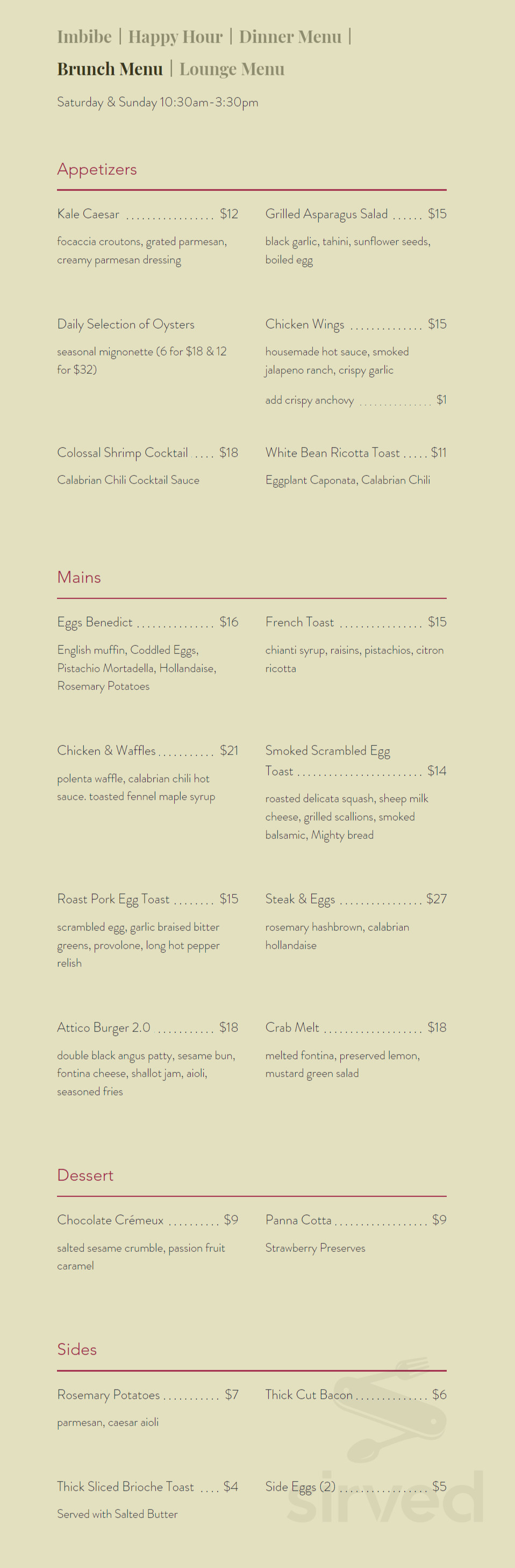 Attico Rooftop menu in Philadelphia, Pennsylvania, USA