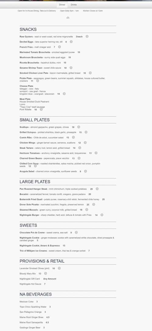 Nightingale menu in Minneapolis, Minnesota, USA