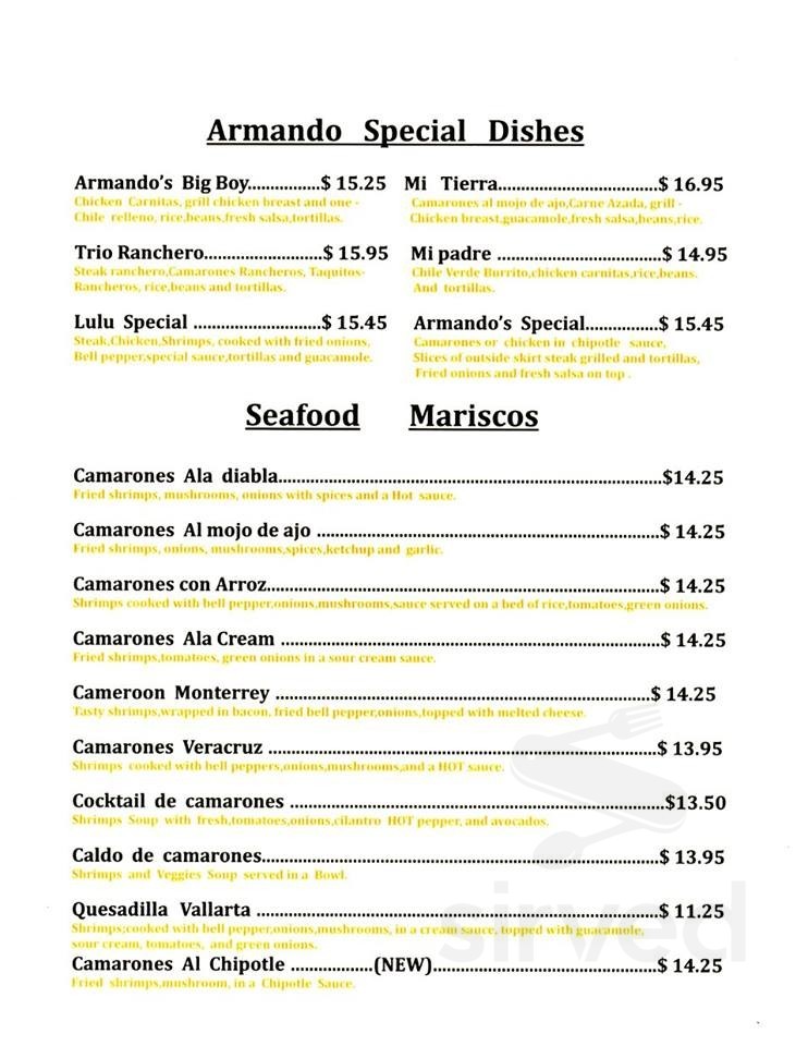 Menu for Armando's Mexican Restaurant in Brownsville, OR | Sirved
