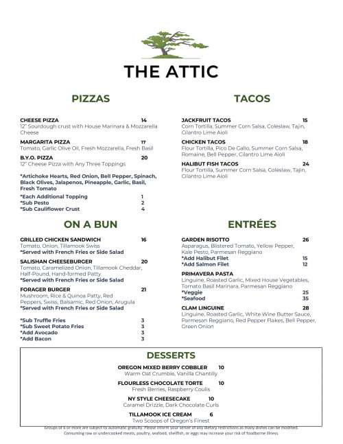 The Attic Lounge menu in Gleneden Beach, Oregon, USA