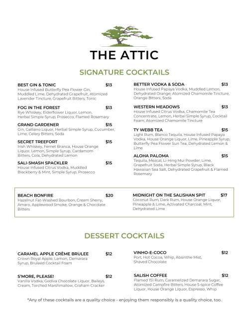The Attic Lounge menu in Gleneden Beach, Oregon, USA