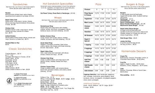 Rapid Valley menu in Lansdowne, Ontario, Canada