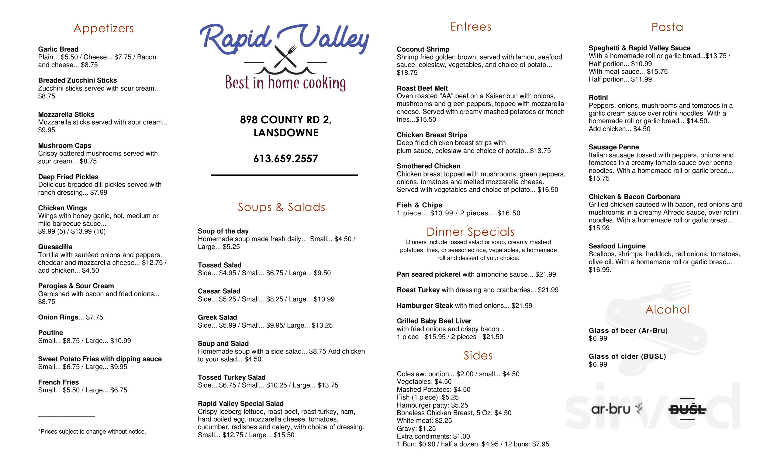 Rapid Valley menu in Lansdowne, Ontario, Canada
