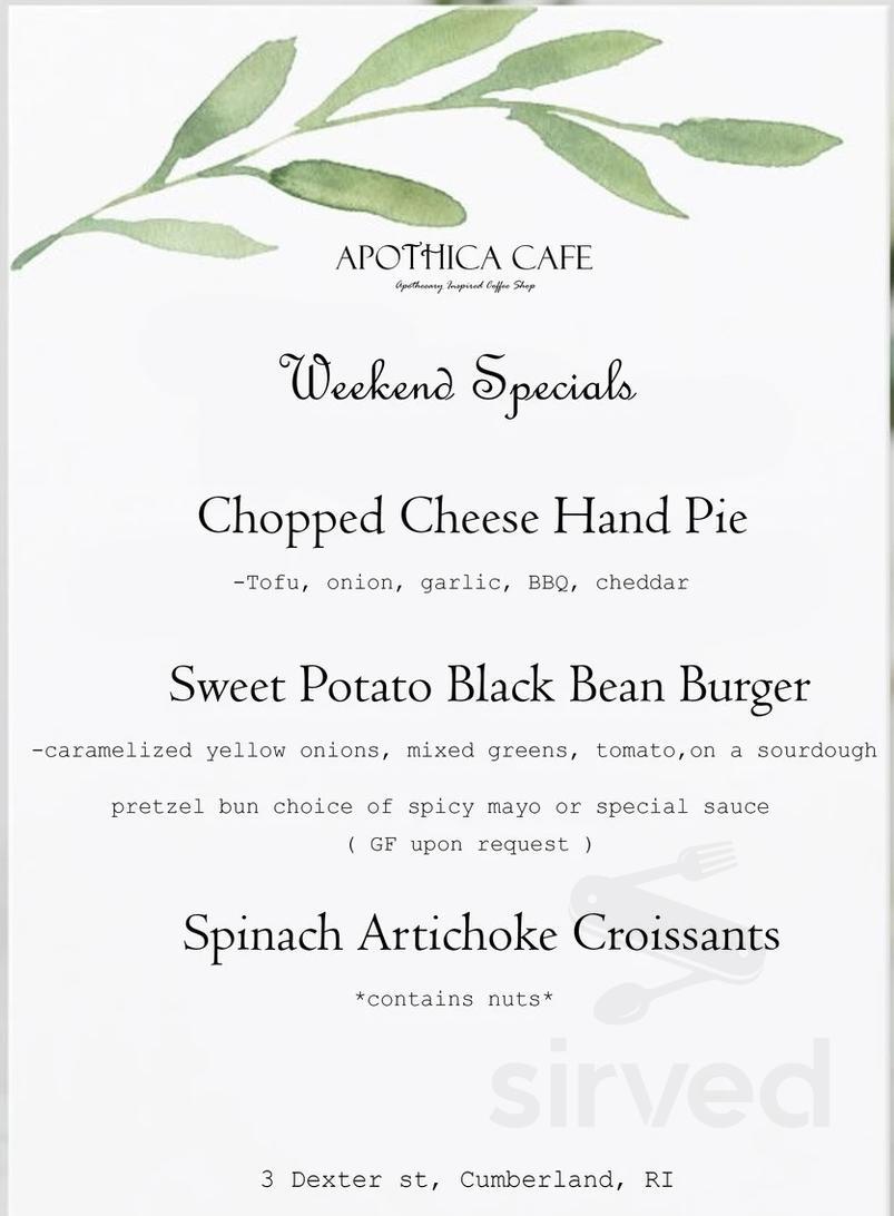Apothica Cafe menu in Cumberland, Rhode Island, USA