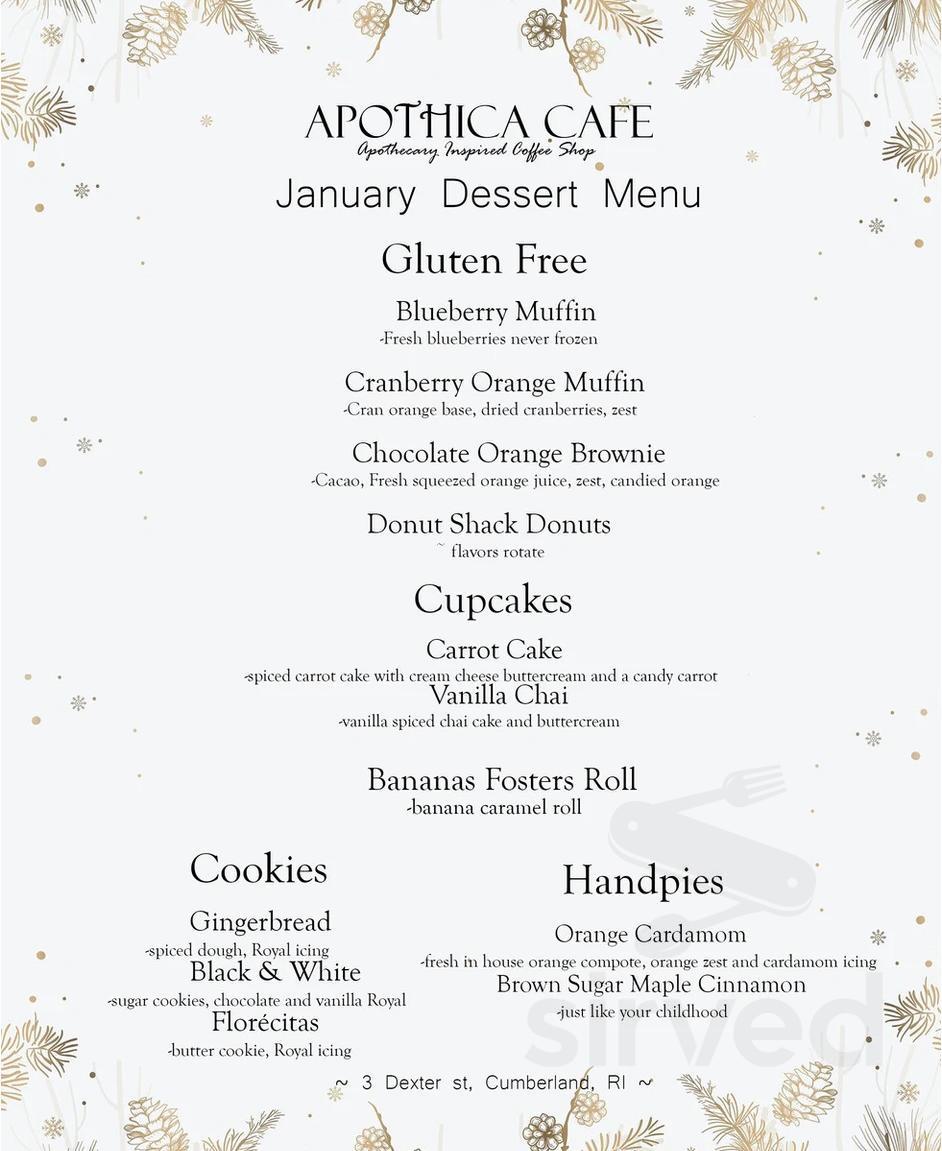 Apothica Cafe menu in Cumberland, Rhode Island, USA