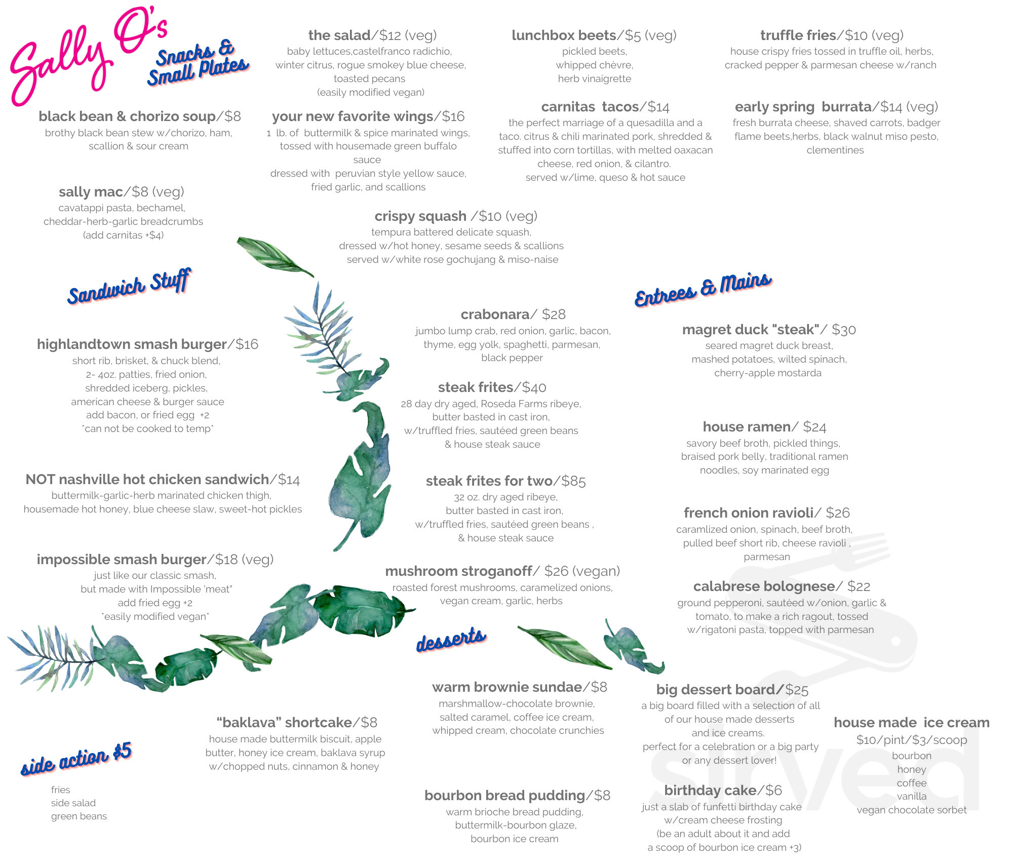 Sally O's menu in Baltimore, Maryland, USA