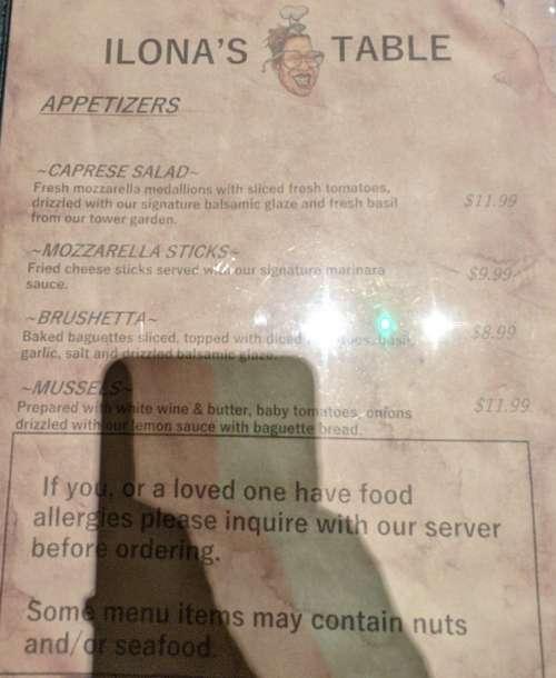 Ilona's Table menu in Clarksville, Tennessee, USA