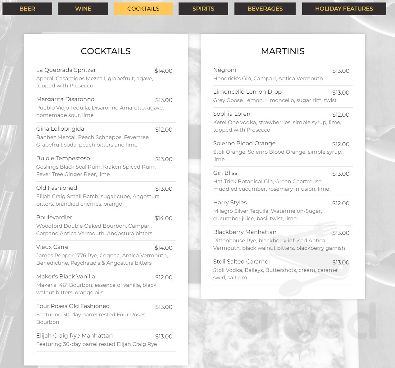 Menu for Travinia Italian Kitchen - Greenville in Greenville, SC | Sirved