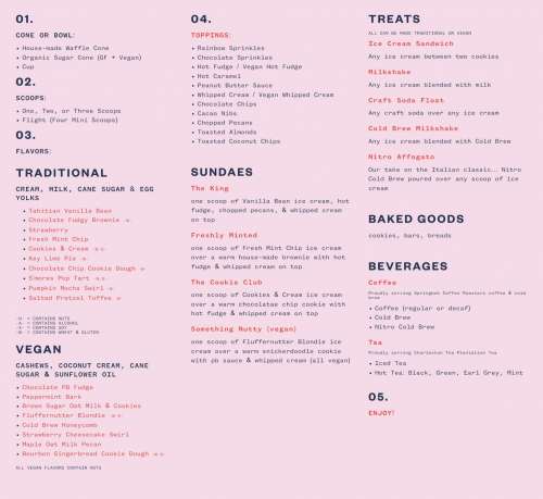 Off Track Ice Cream menu in Charleston, South Carolina, USA