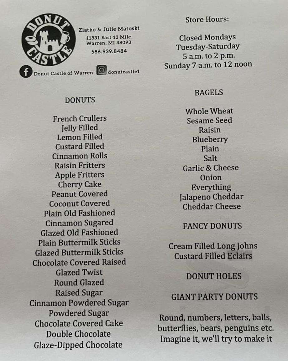 Donut Castle menu in Warren, Michigan, USA