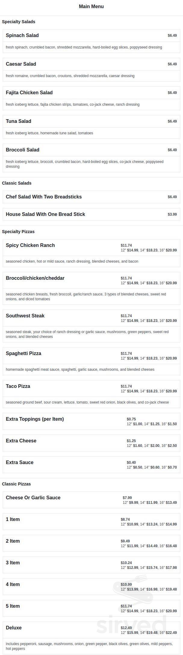 BESTA FASTA PIZZA menu in Mansfield, Ohio, USA