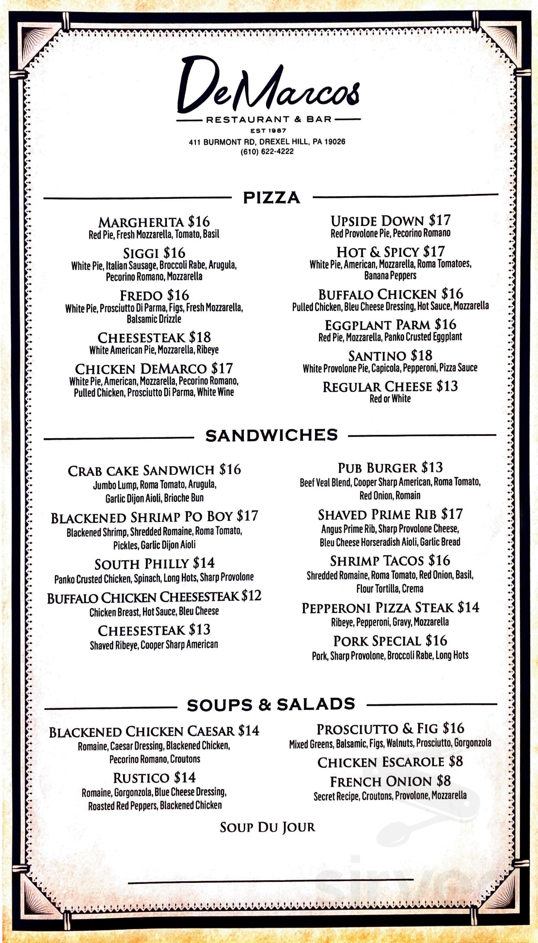 DeMarco's menu in Drexel Hill, Pennsylvania, USA