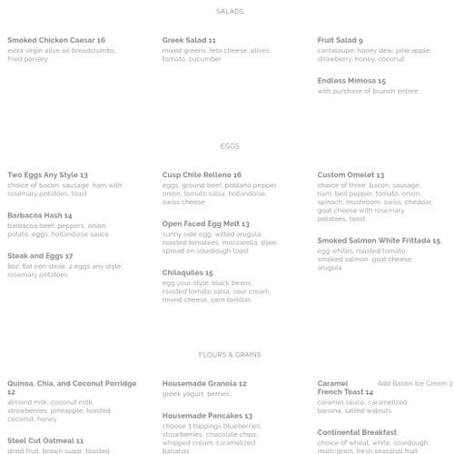 Cusp Dining & Drinks menu in La Jolla, California, USA
