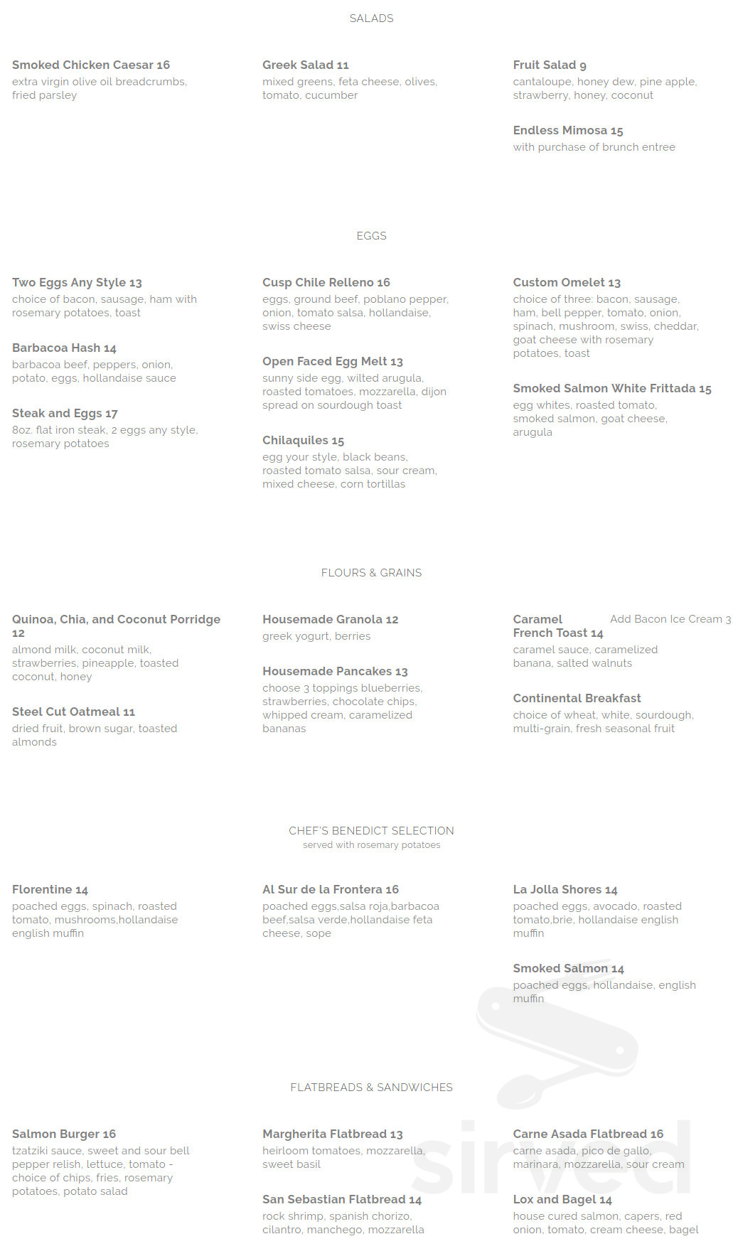 Cusp Dining & Drinks menu in La Jolla, California, USA