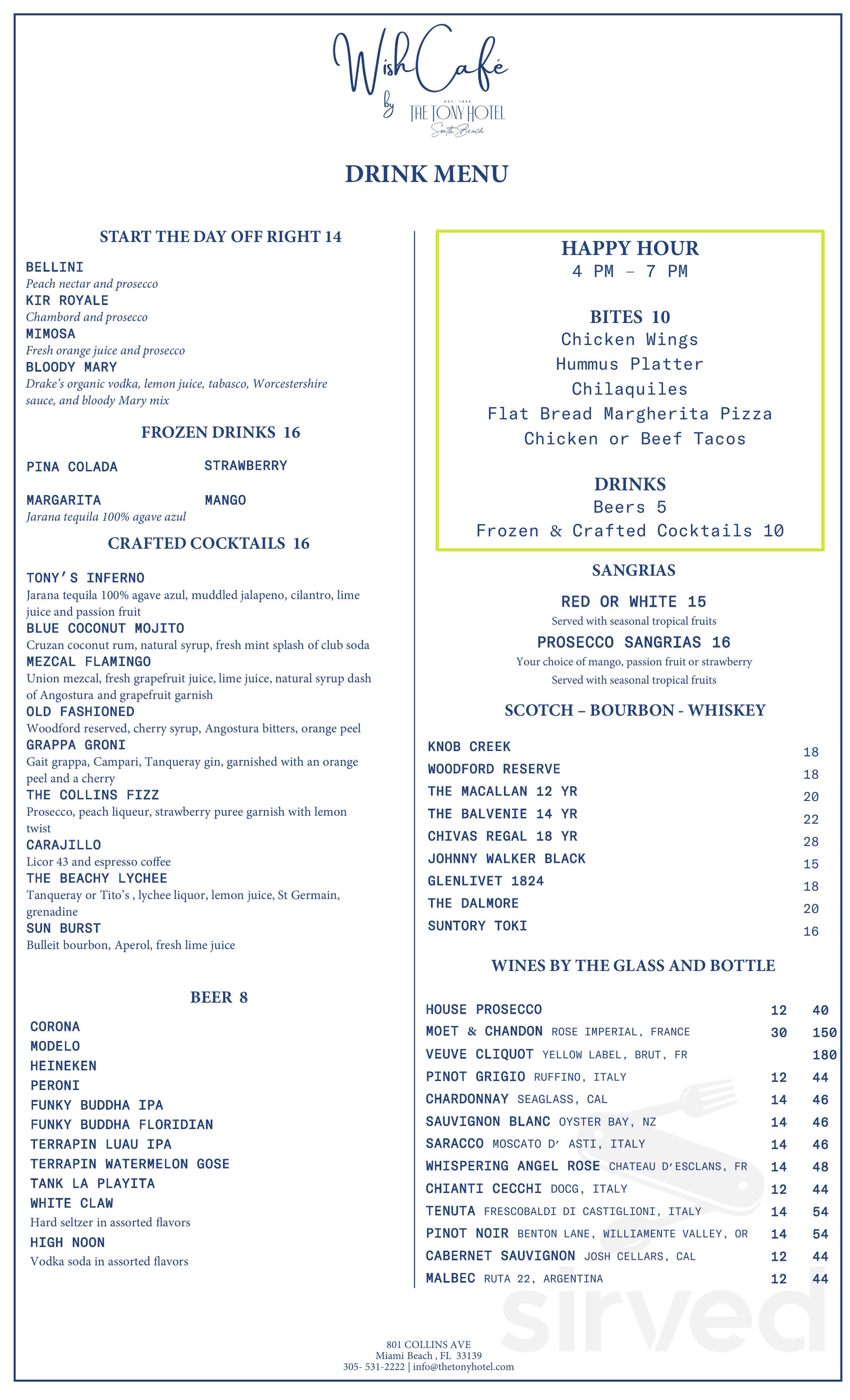 The Tony Hotel South Beach menu in Miami Beach, Florida, USA