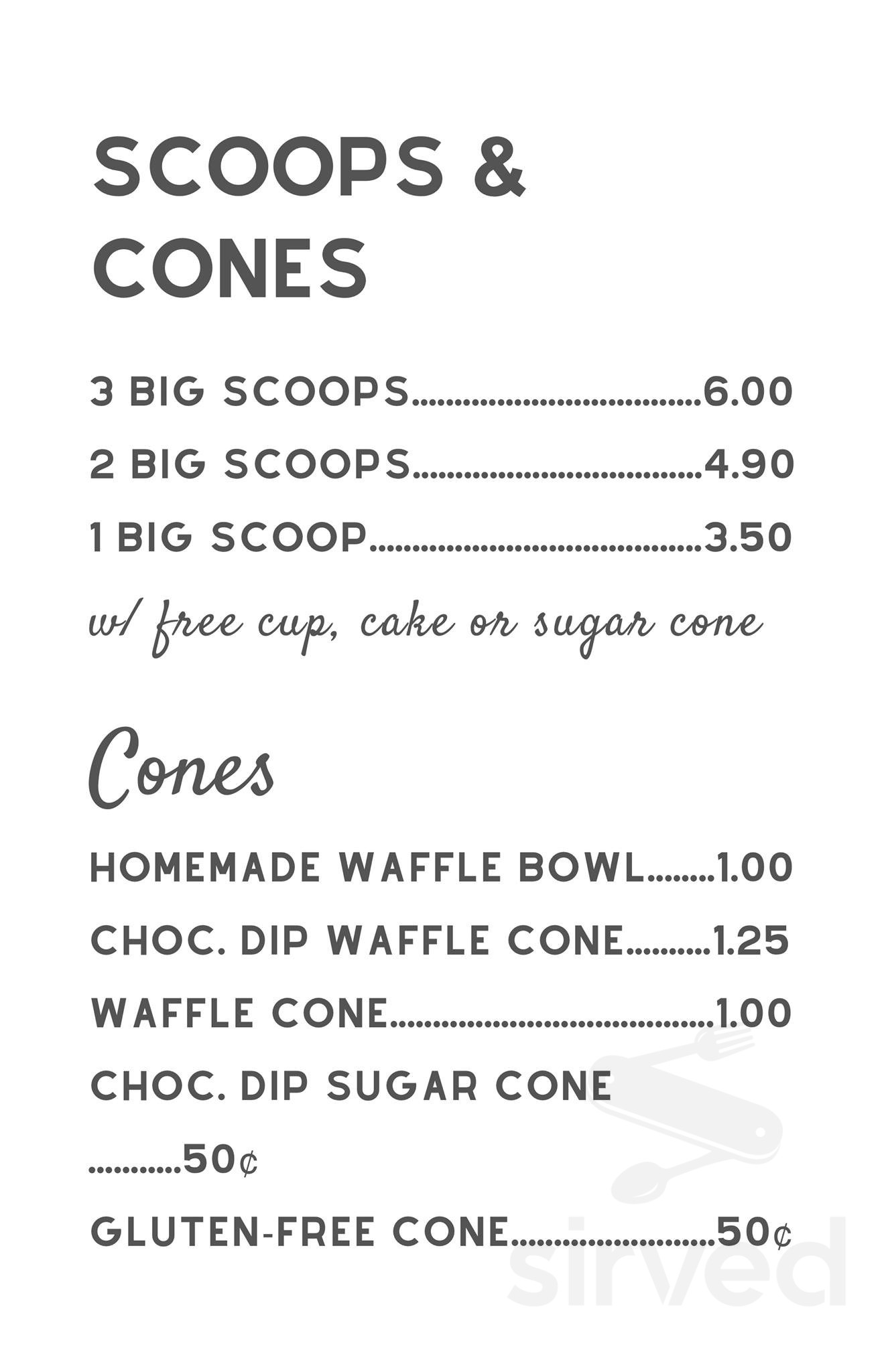 The Waffle Cone Ice Cream menu in Flagler Beach, Florida, USA