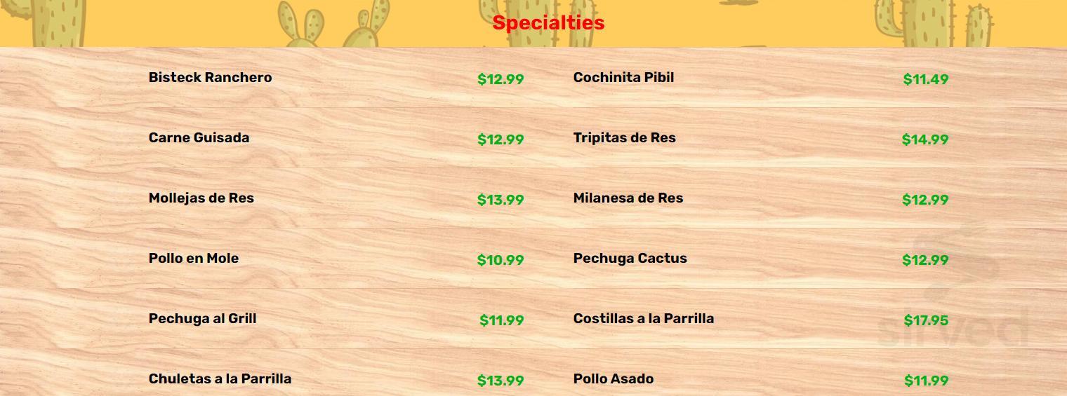 Señor Cactus Mexican Grill menu in Edinburg, Texas, USA