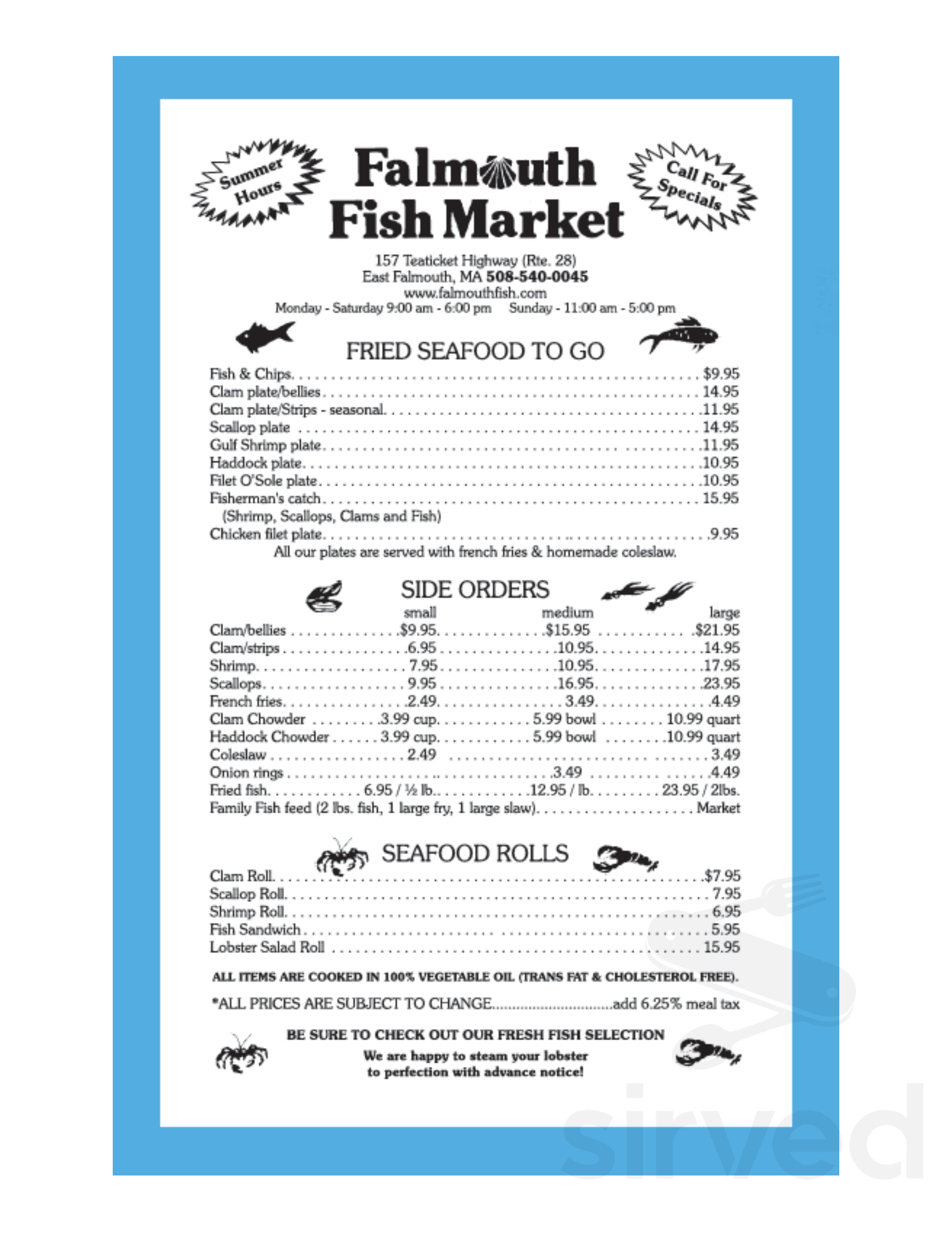 Menu for Falmouth Fish Market in Teaticket, MA | Sirved