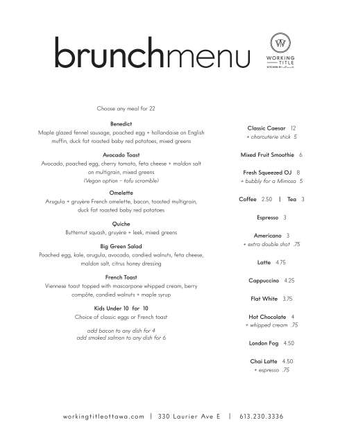 Working Title Kitchen + Cafe menu in Ottawa, Ontario, Canada