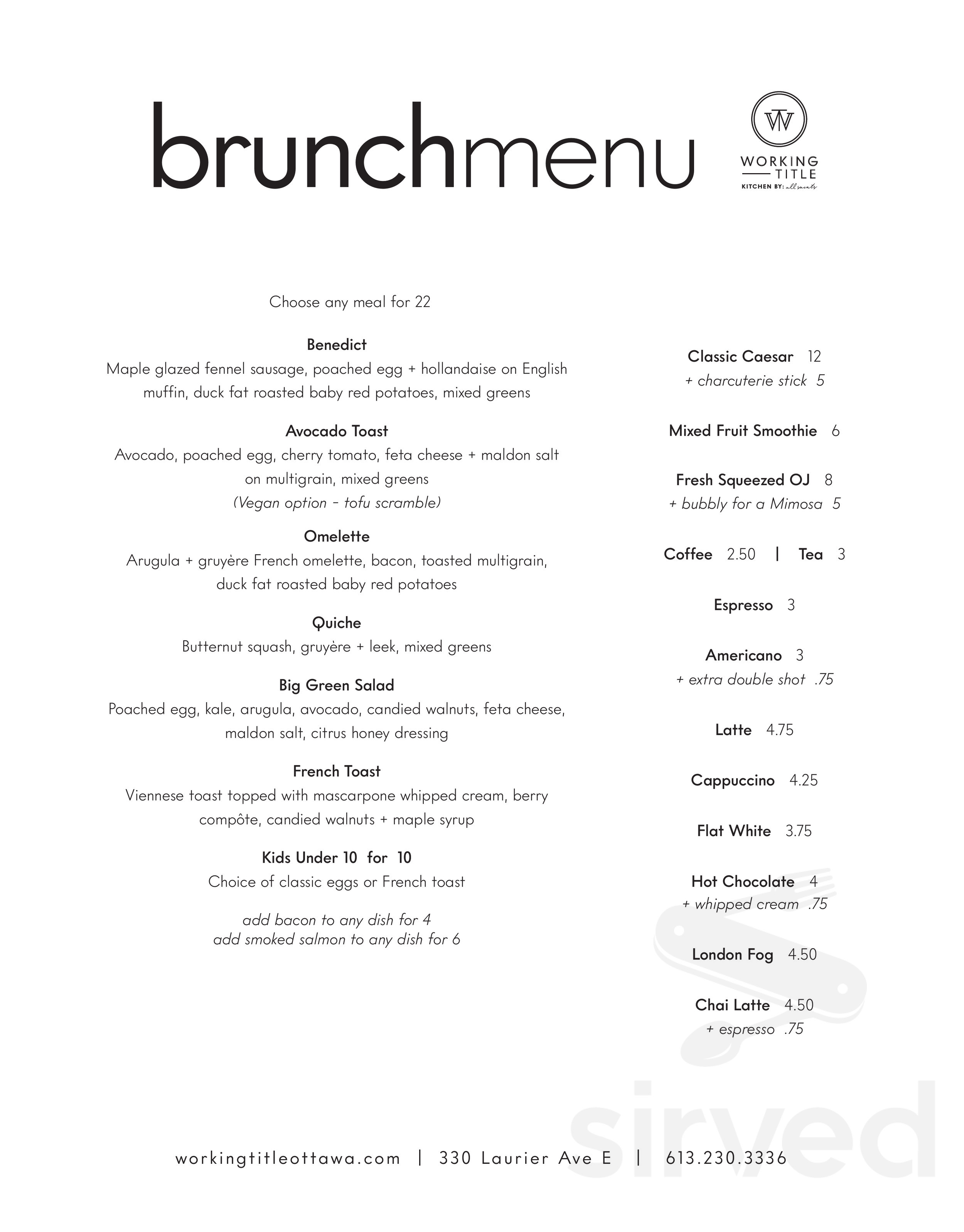 Menu for Working Title Kitchen + Cafe in Ottawa, ON | Sirved