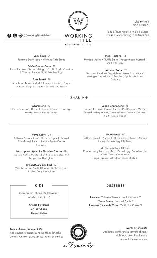 Working Title Kitchen + Cafe menu in Ottawa, Ontario, Canada