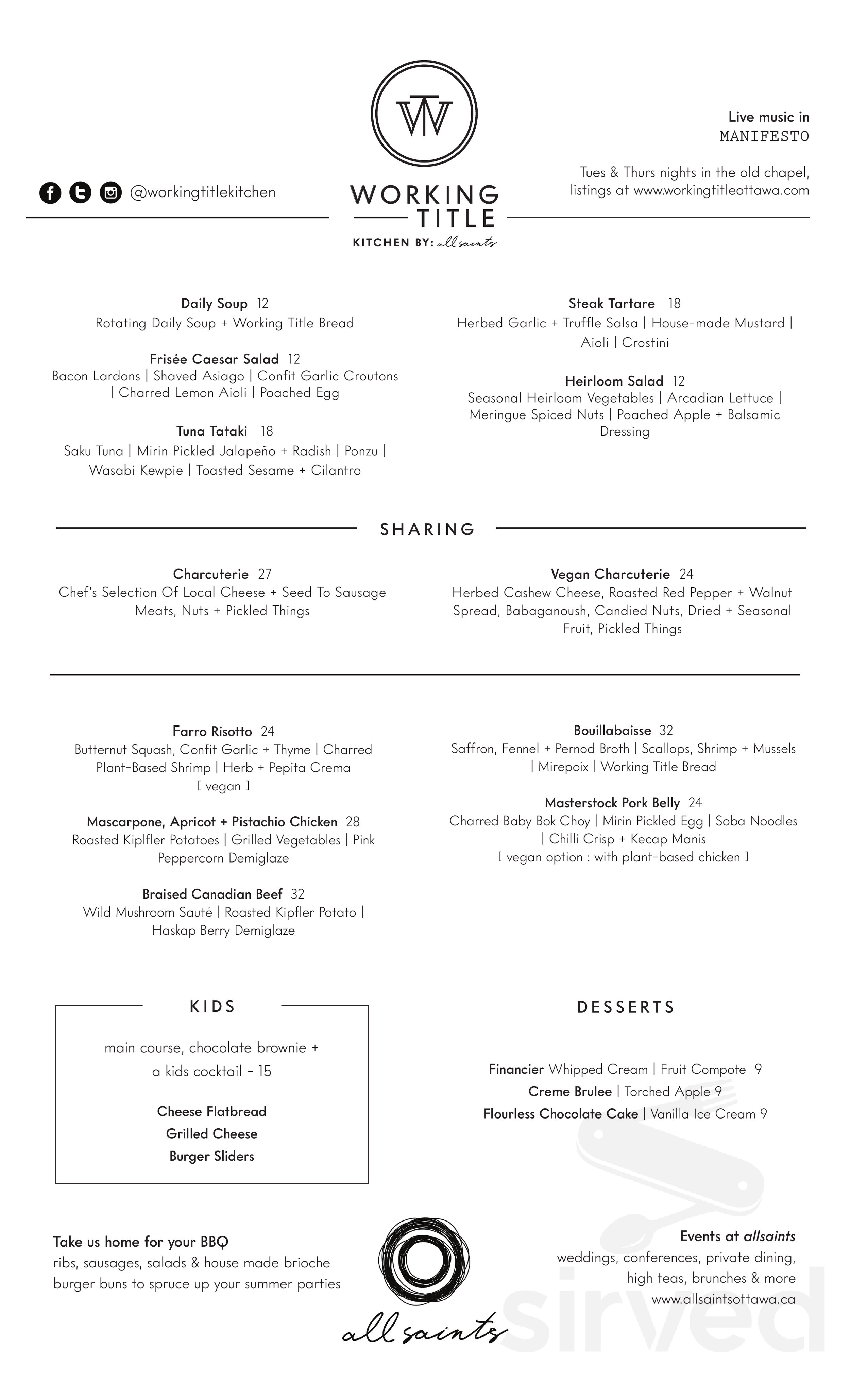 Working Title Kitchen + Cafe menu in Ottawa, Ontario, Canada