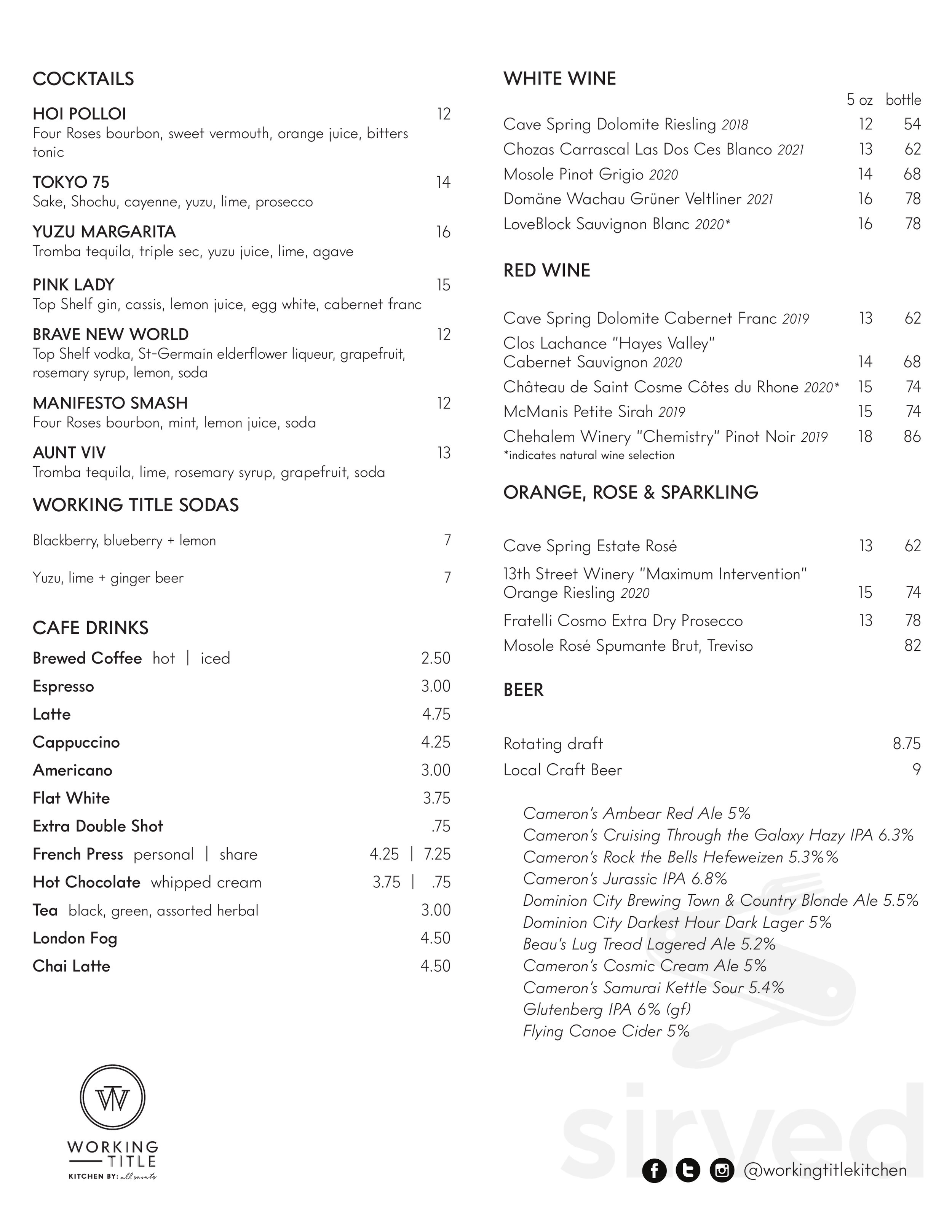 Working Title Kitchen + Cafe menu in Ottawa, Ontario, Canada