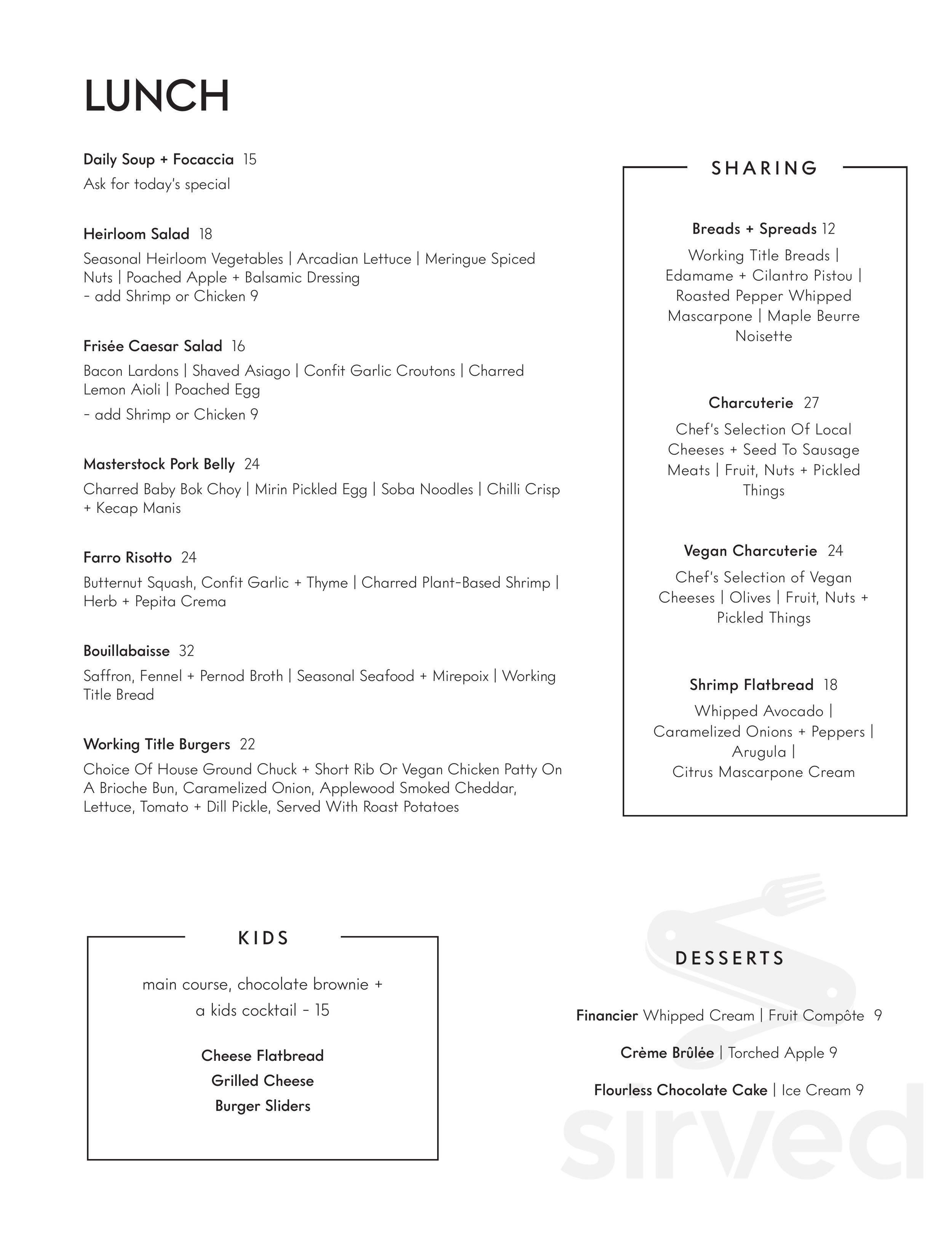 Working Title Kitchen + Cafe menu in Ottawa, Ontario, Canada