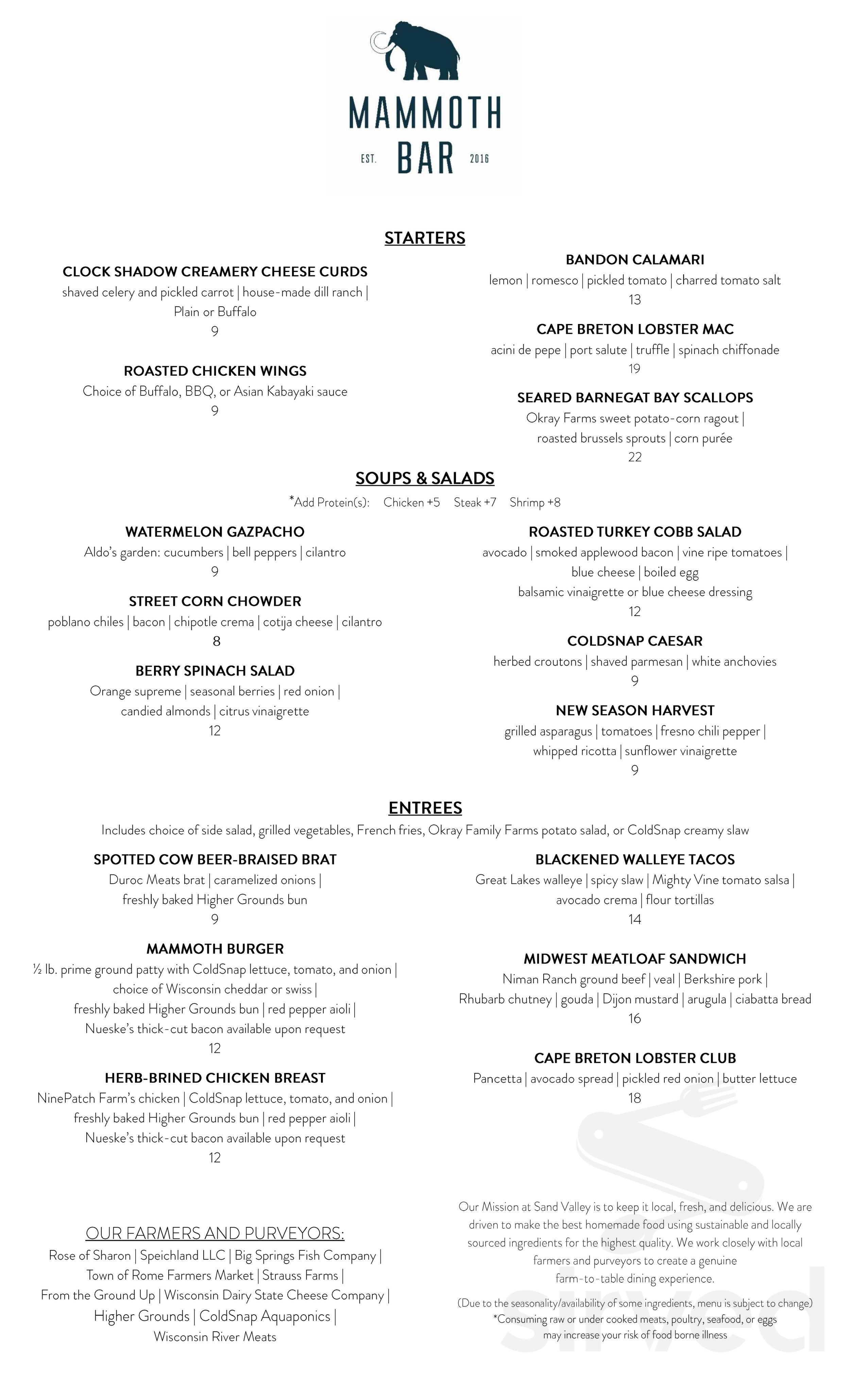 The Mammoth Bar & Lounge menu in Nekoosa, Wisconsin, USA