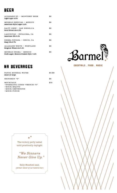 Barmel menu in Carmel-By-The-Sea, California, USA