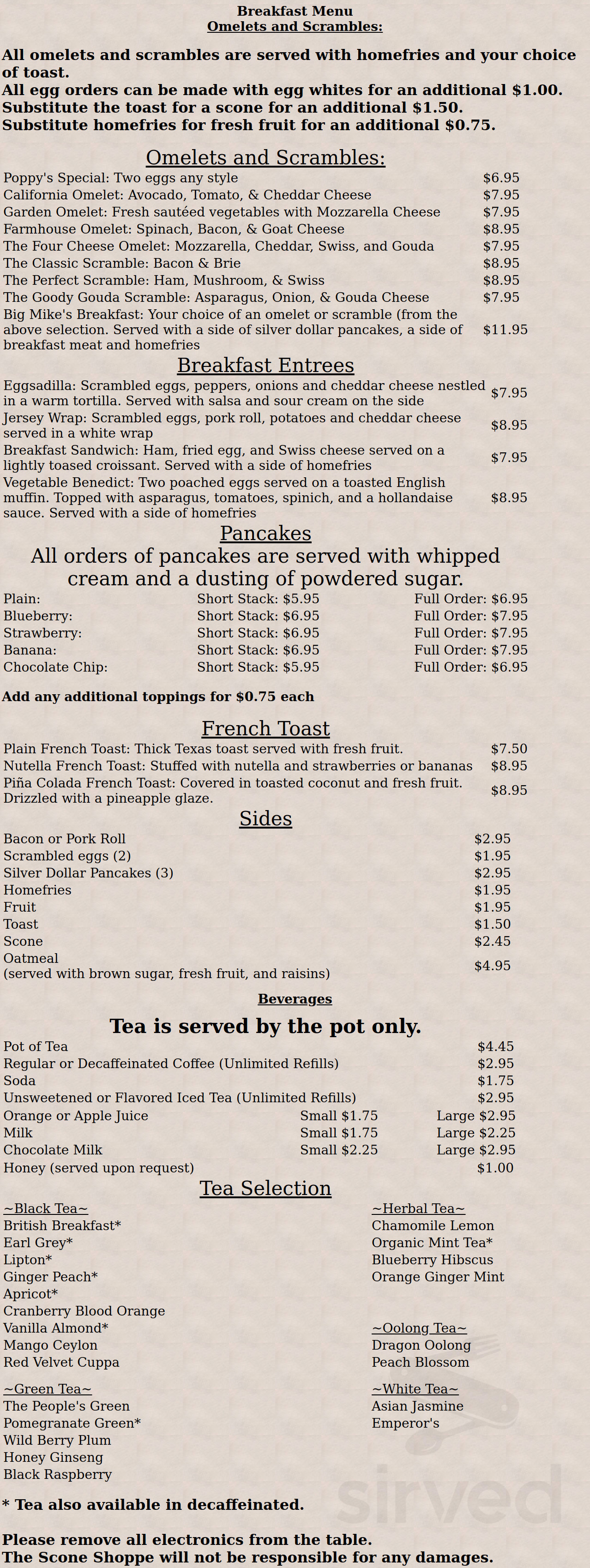 The Scone Shoppe menu in Brick, New Jersey, USA