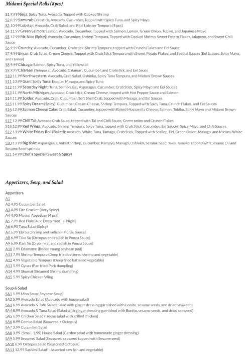 Midami Sushi menu in Farmington Hills, Michigan, USA