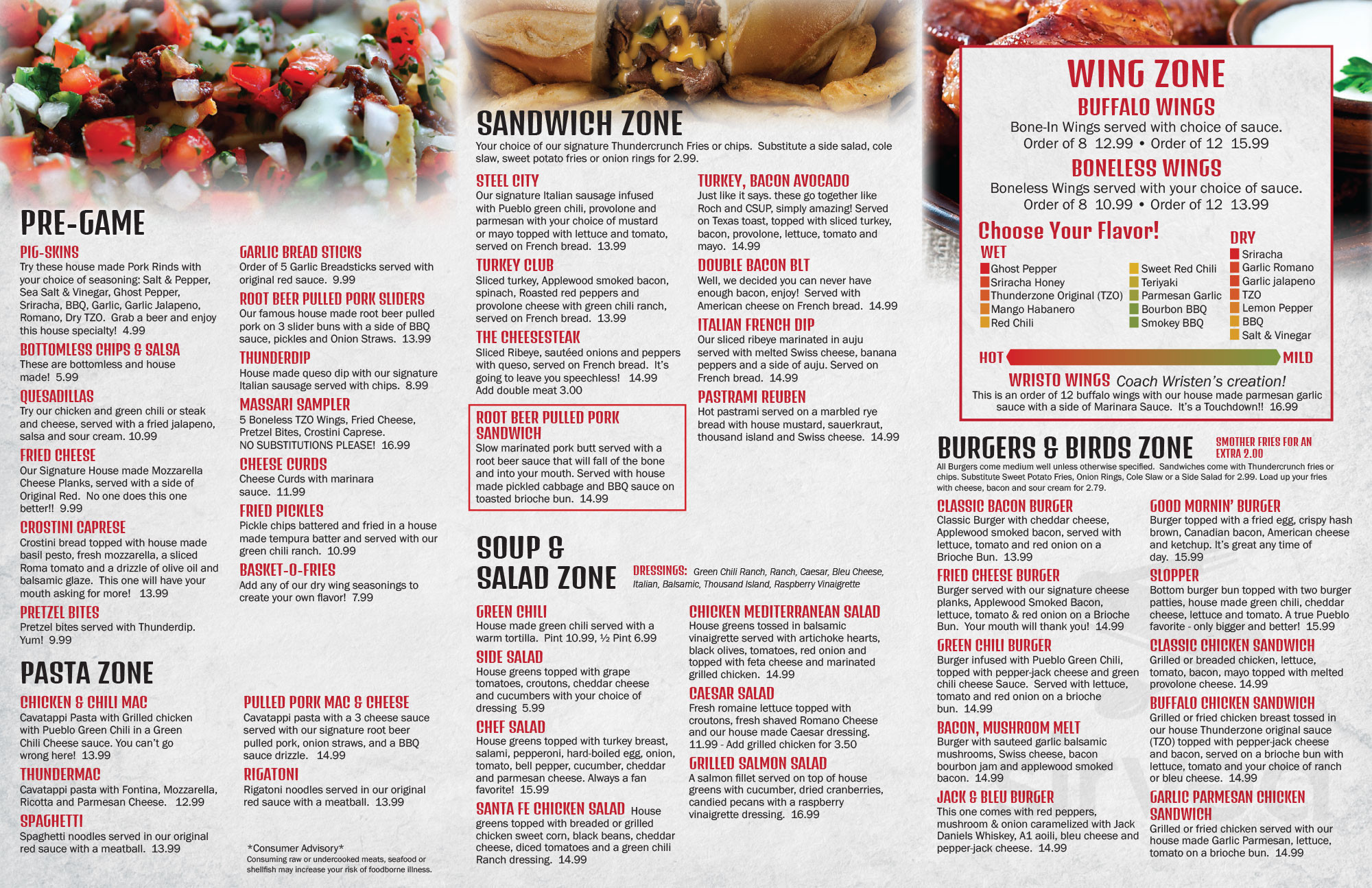 ThunderZone West menu in Pueblo West, Colorado, USA