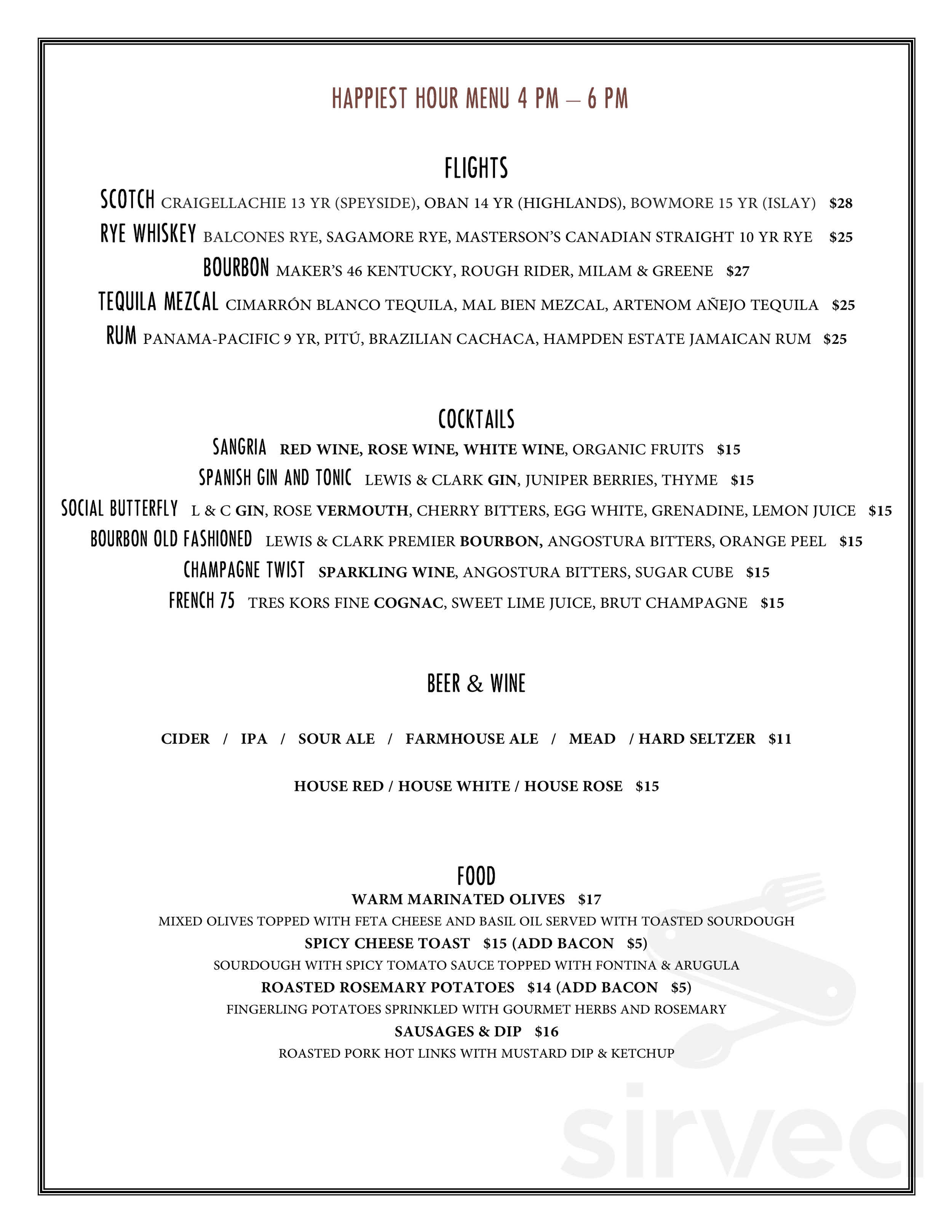 Social Affair Bar & Lounge menu in San Ramon, California, USA