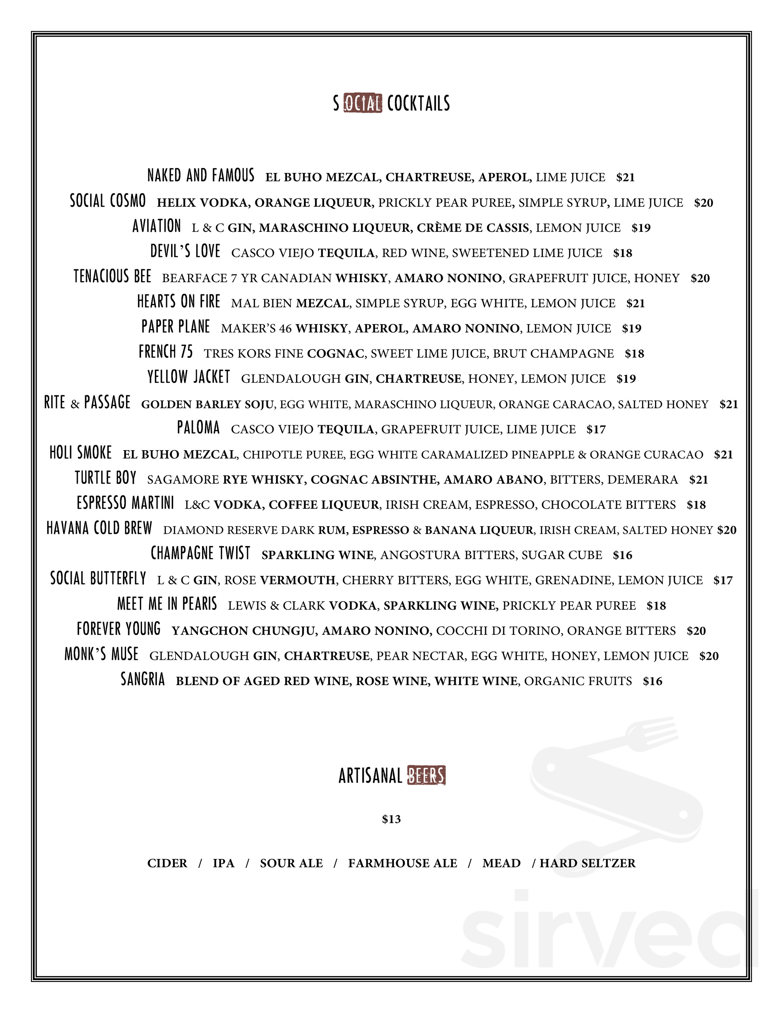Social Affair Bar & Lounge menu in San Ramon, California, USA