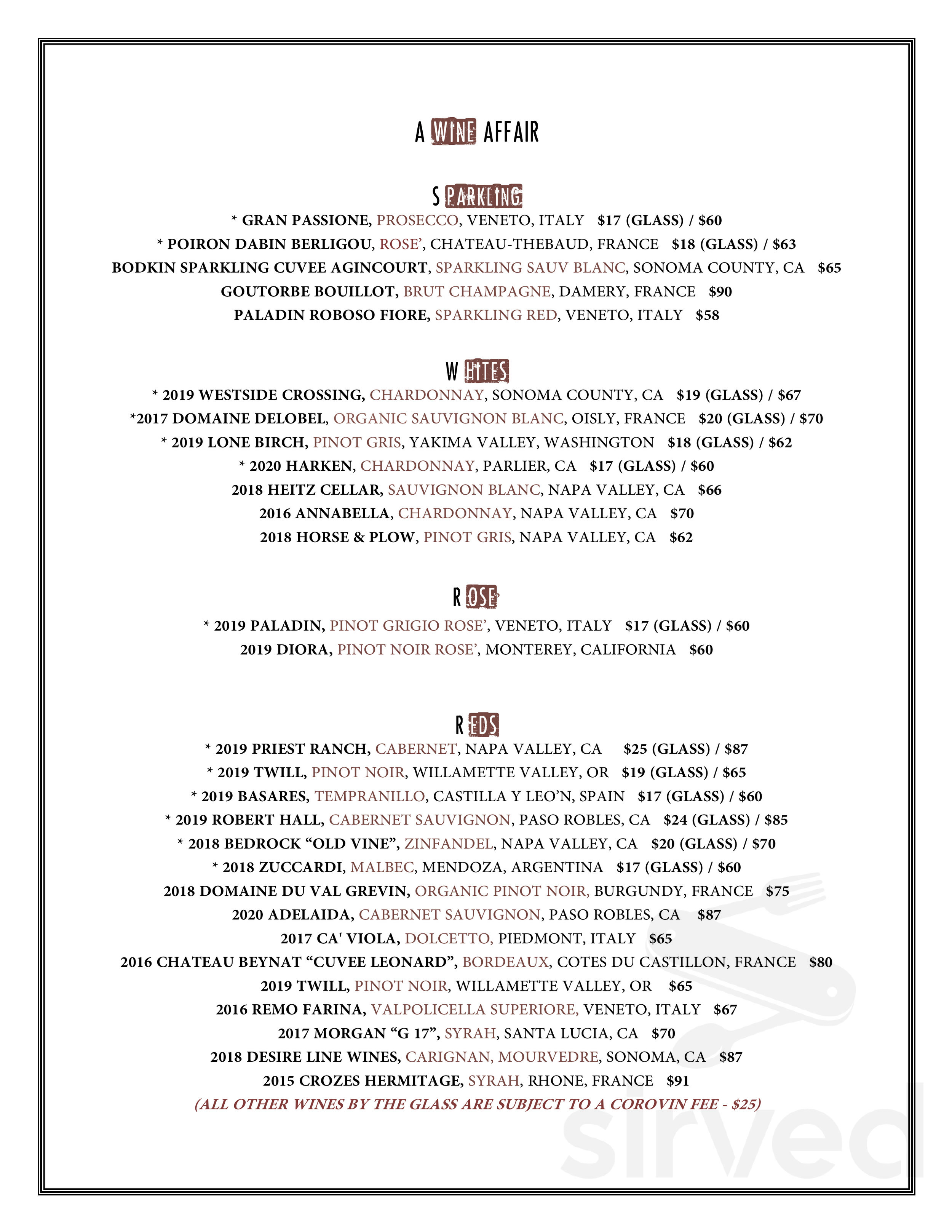 Social Affair Bar & Lounge menu in San Ramon, California, USA