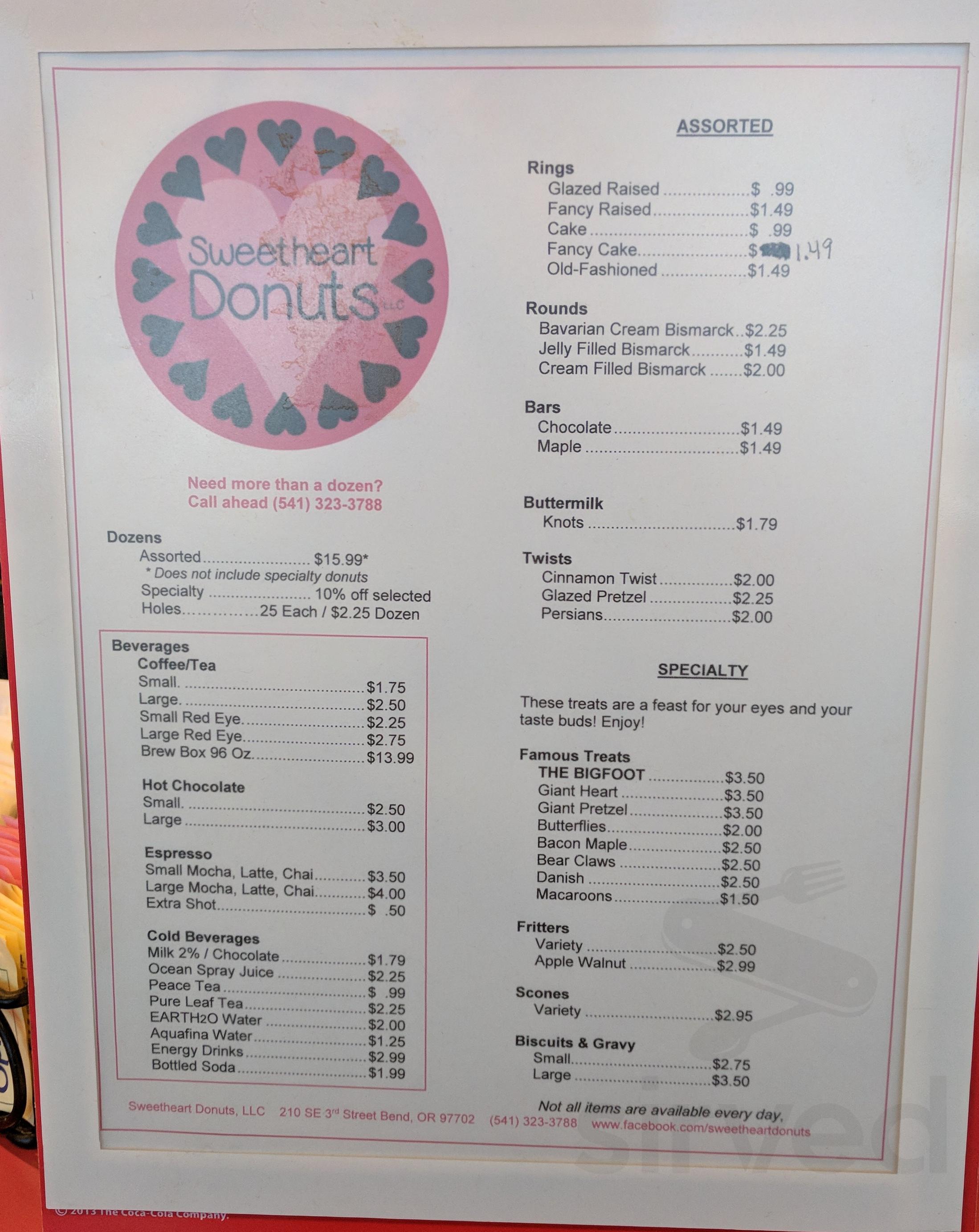 Sweetheart Donuts of Bend, LLC menu in Bend, Oregon, USA