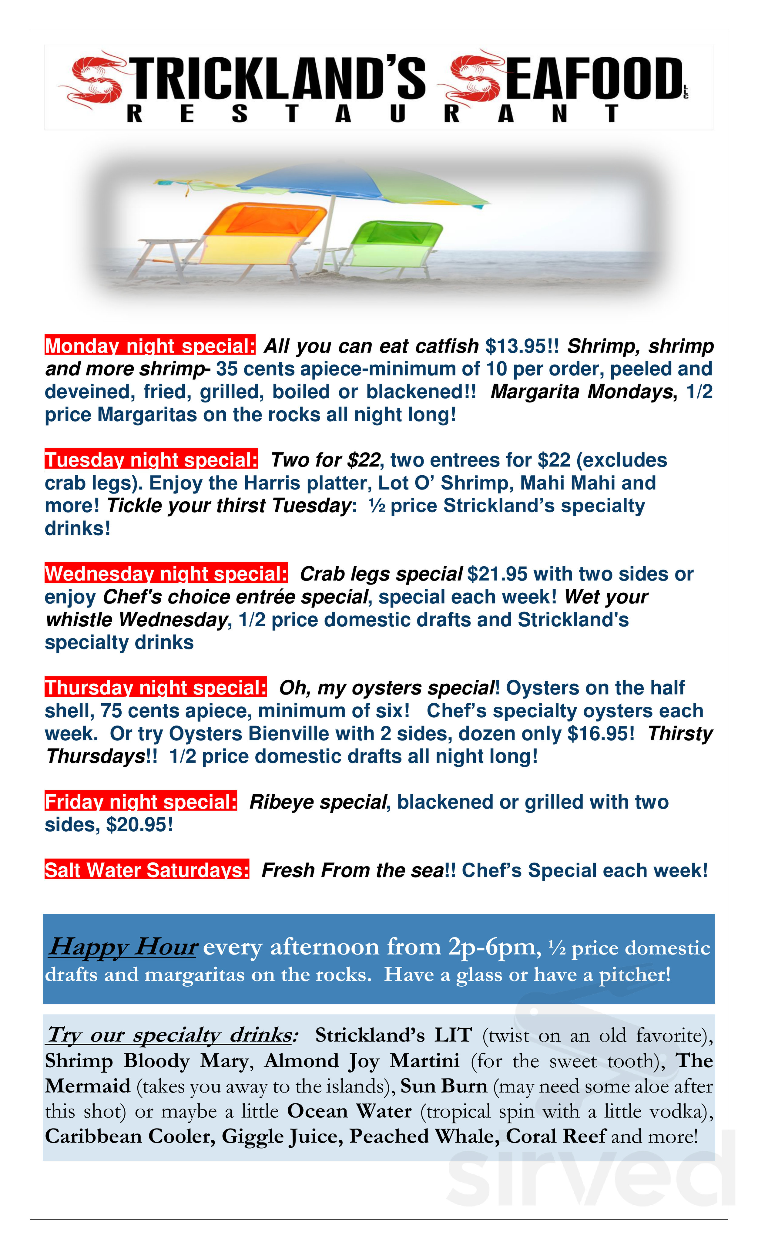 Strickland's Seafood Restaurant menu in Paducah, Kentucky, USA