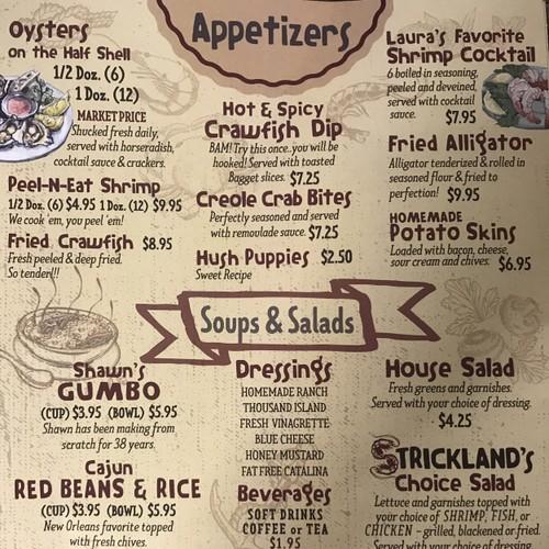 Strickland's Seafood Restaurant menu in Paducah, Kentucky, USA