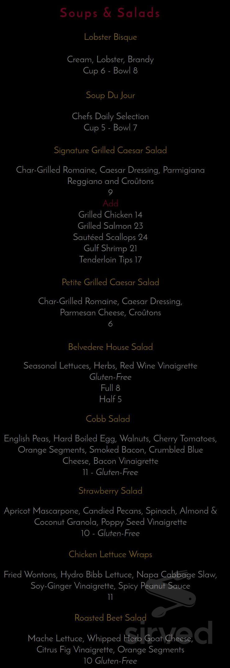 The Belvedere Inn menu in Lancaster, Pennsylvania, USA