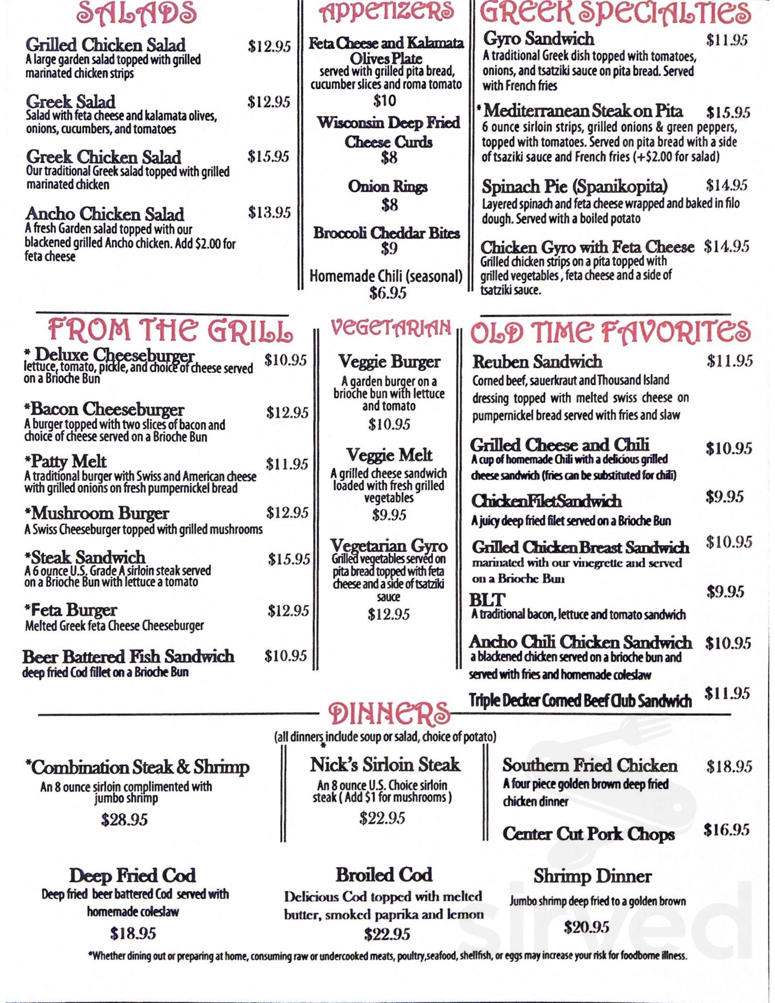 Nick's Restaurant and Lounge menu in Madison, Wisconsin, USA