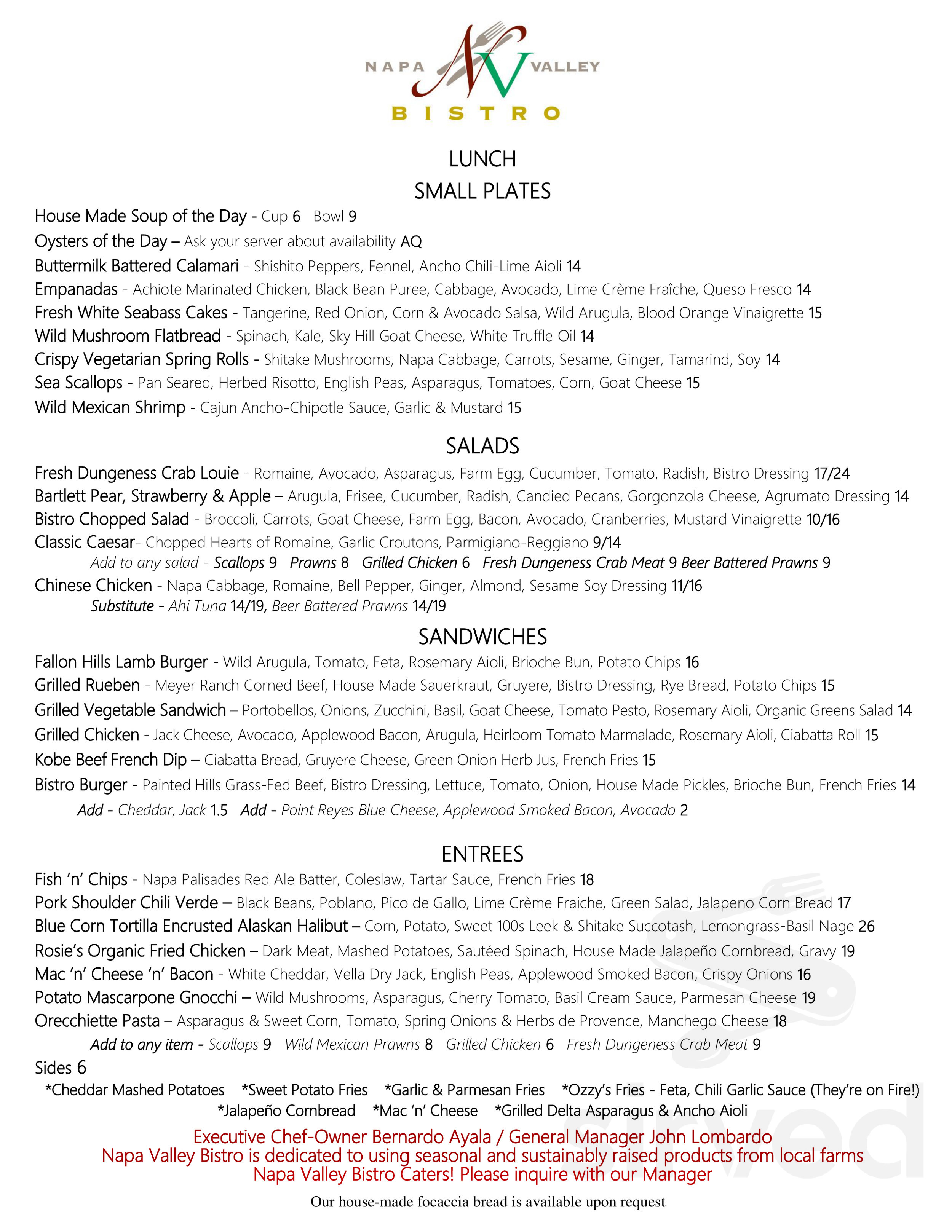 Napa Valley Bistro menu in Napa, California, USA