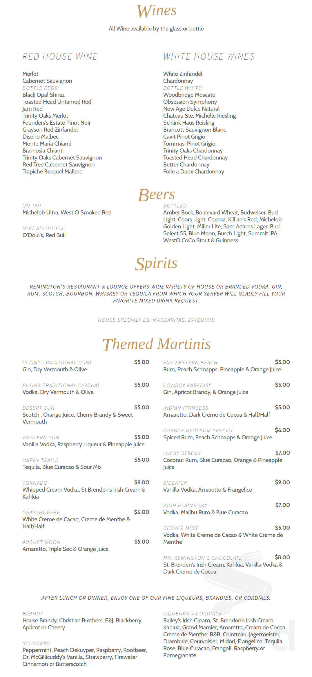 Remington's Restaurant menu in Spirit Lake, Iowa, USA