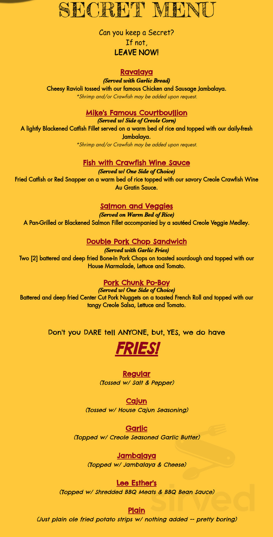 Lee Esther's Creole & Cajun Cooking menu in Palmdale, California, USA