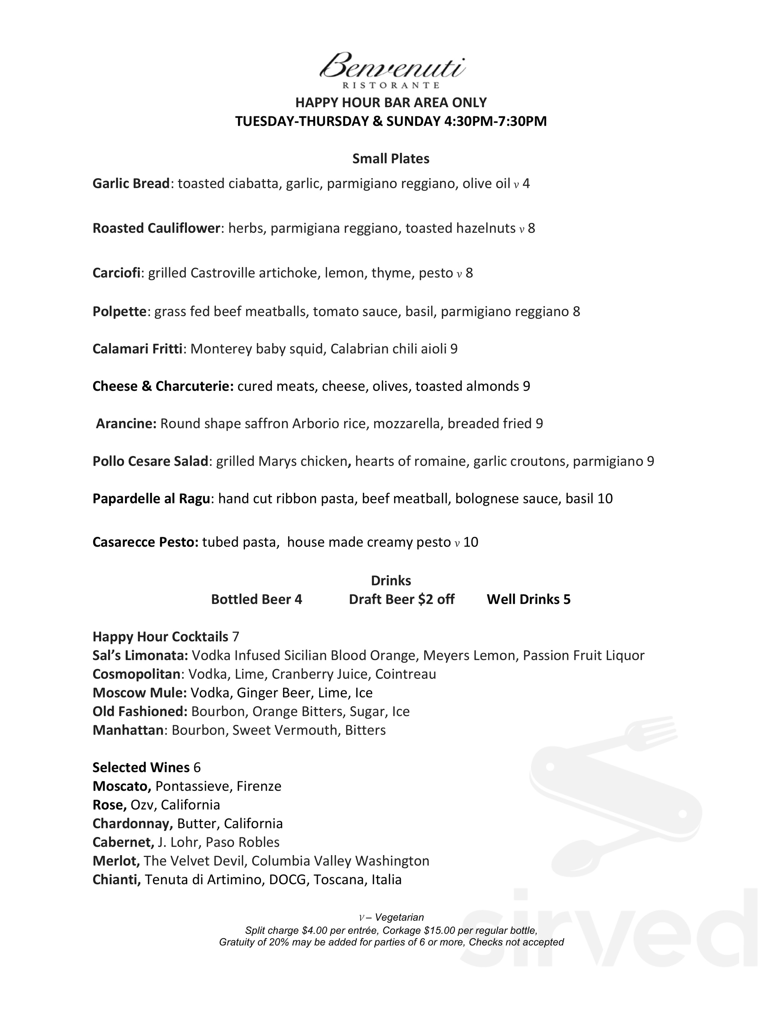 Benvenuti Ristorante menus in Walnut Creek, California, United States