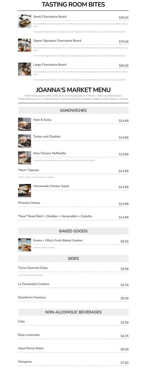 Signor Vineyards menu in Fredericksburg, Texas, USA