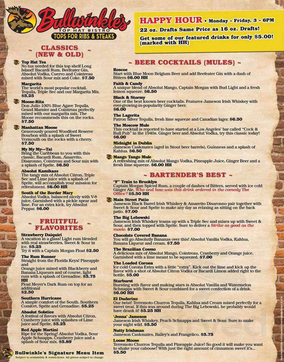 Menu for Bullwinkle's Top Hat Bistro in Miamisburg, OH | Sirved